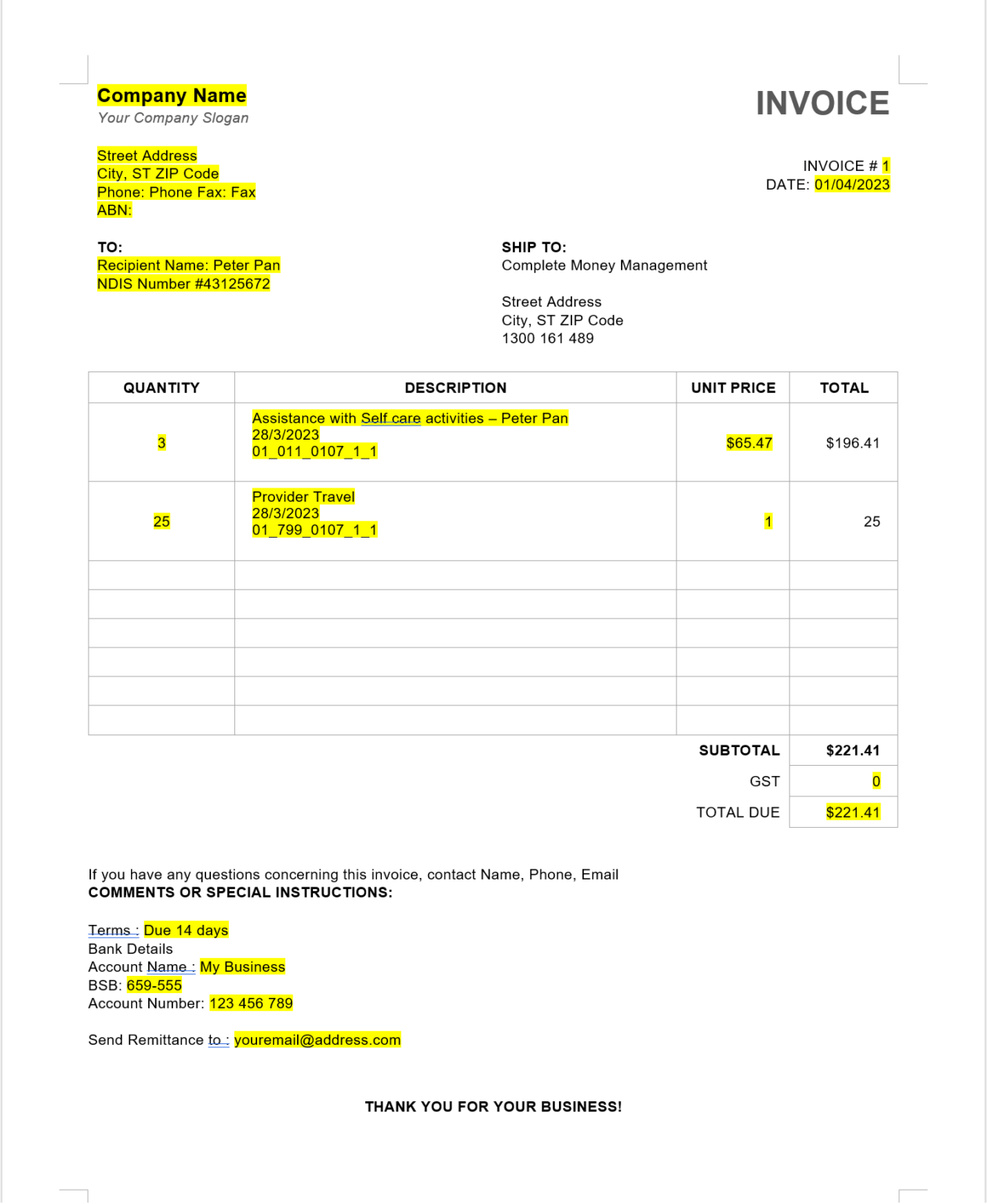 NDIS Invoice Template - Complete Money Management